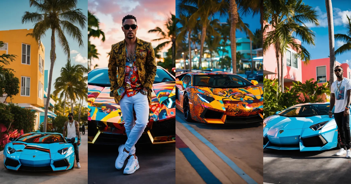 Lexica - A rapper walking in Miami Beach Lamborghini aventador cars ...