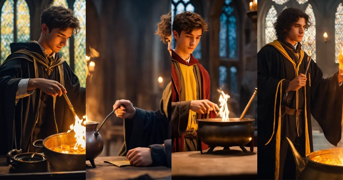 Lexica - Cute man young wizard, inside Hogwarts with a cauldron in his ...