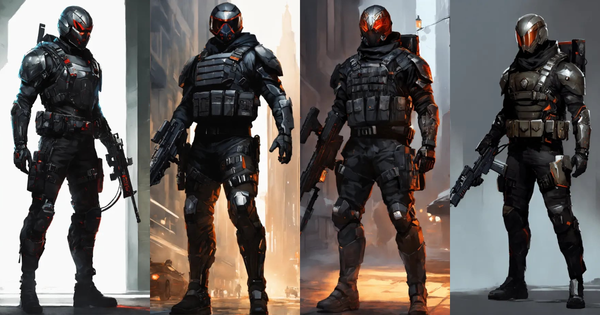 Lexica - Concept art full body, male mercenary in black angular modern ...