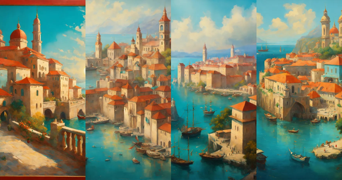 Lexica - City surrounded by turquoise sea, bright sun. buildings with ...