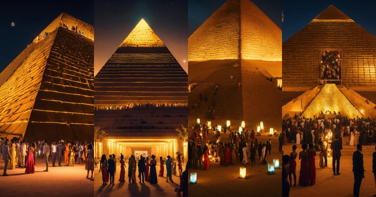 Lexica - African Egyptian Renaissance ball outside of a lit-up golden ...