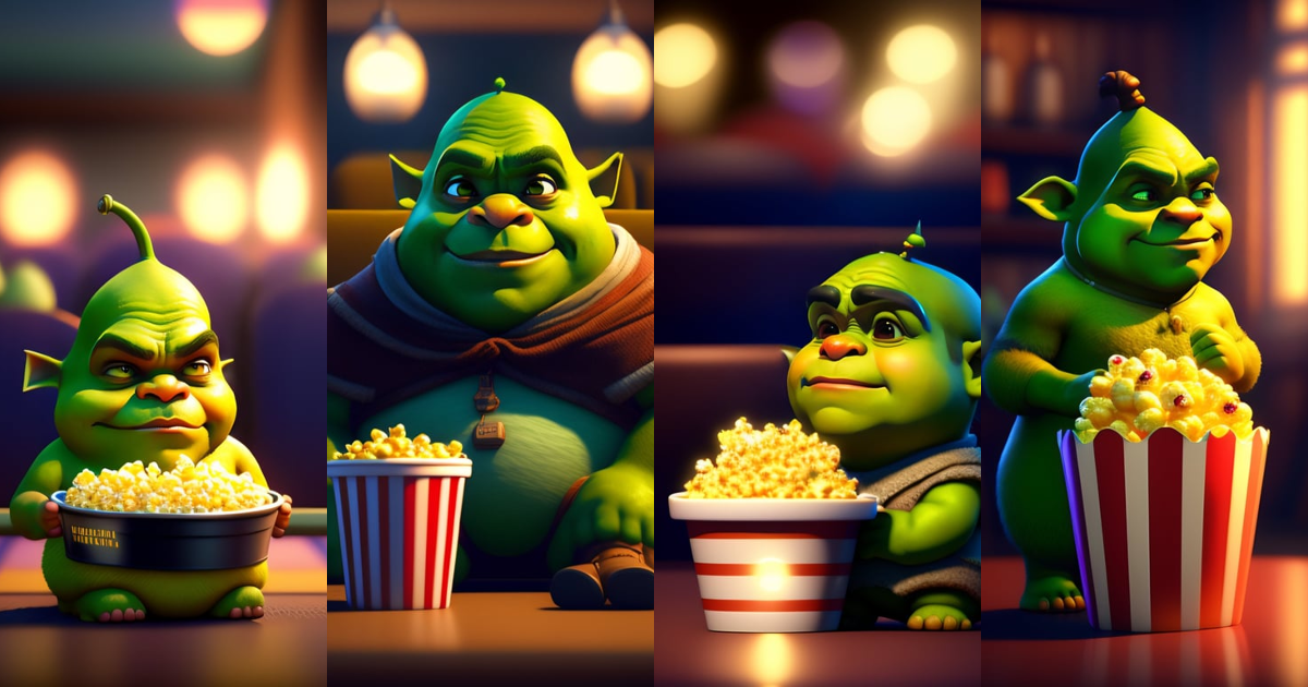 Lexica - Cute small humanoid shrek sitting in a movie theater eating ...