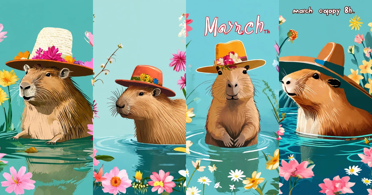 Lexica - A greeting card for March 8th. A capybara in a hat. Pond. Flowers