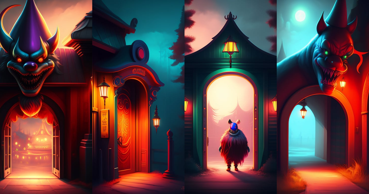 Lexica - Painting of an empty entry of an amusement park clown monster ...