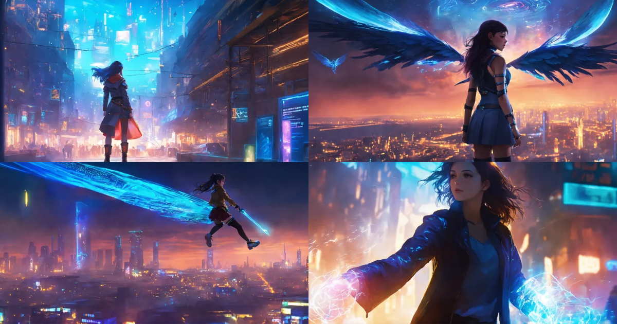 Lexica - Long shot, girl using magic from hands, blue light, spells ...