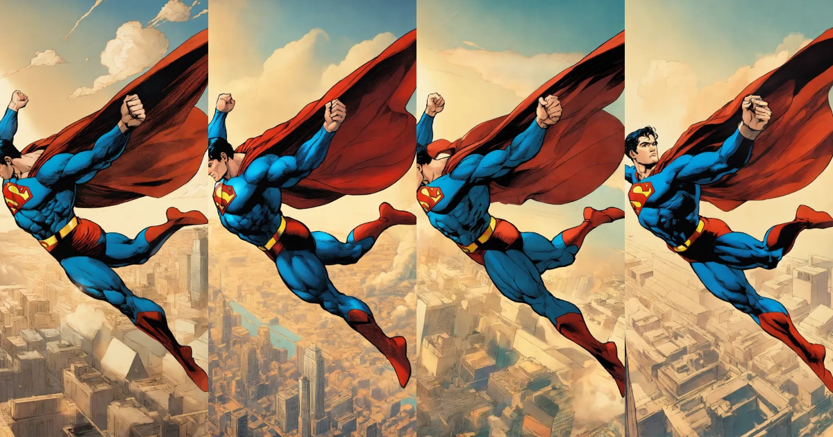 Lexica - Superman flies with his arm outstretched to the right side view