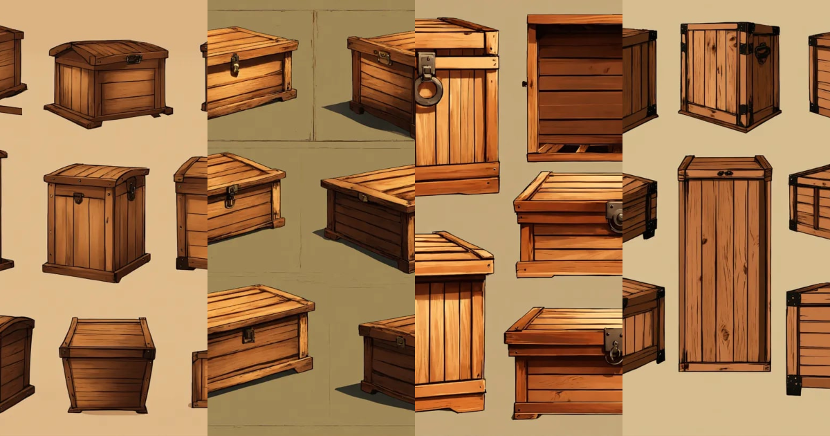 Lexica - Old big wooden box, illustration style, multiple views, object sheet
