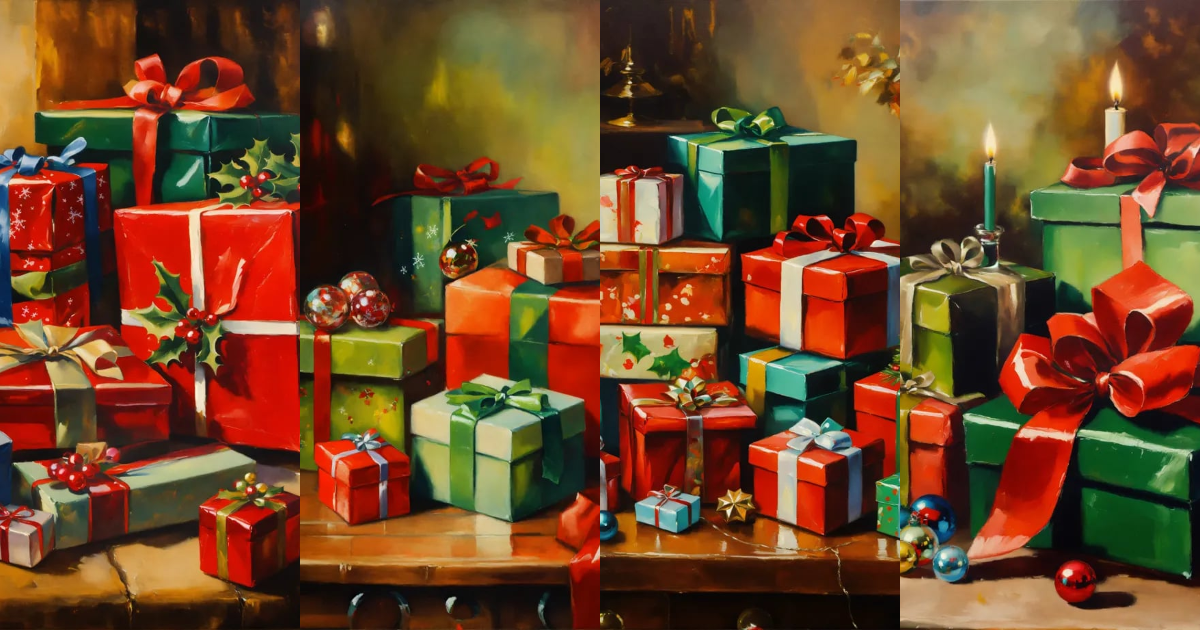 Lexica - Various retro christmas presents on a vintage table,oil painting