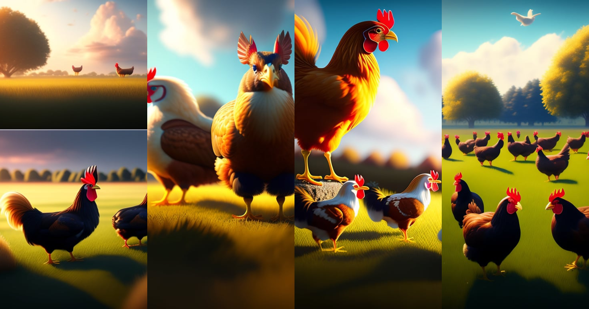 Lexica - Chickens in field, sunny day with clouds, unreal 5 render ...