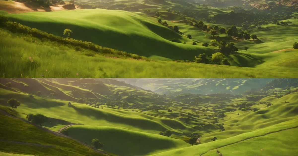 Lexica - Long shot of an epic landscape in summer with green rolling ...