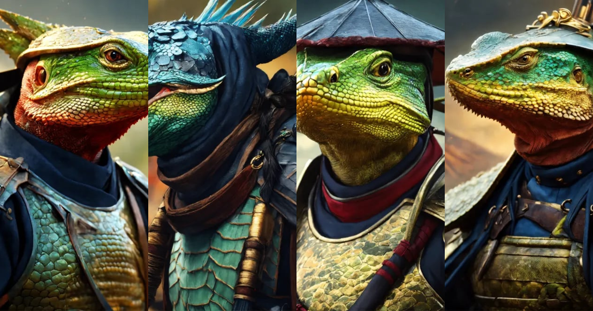 Lexica - Lizard Samurai. Battlefield. Hyper realistic.