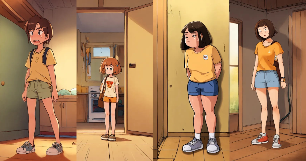 Lexica 18 Standing In The Corner Tan Top And Shorts Cartoon Crying