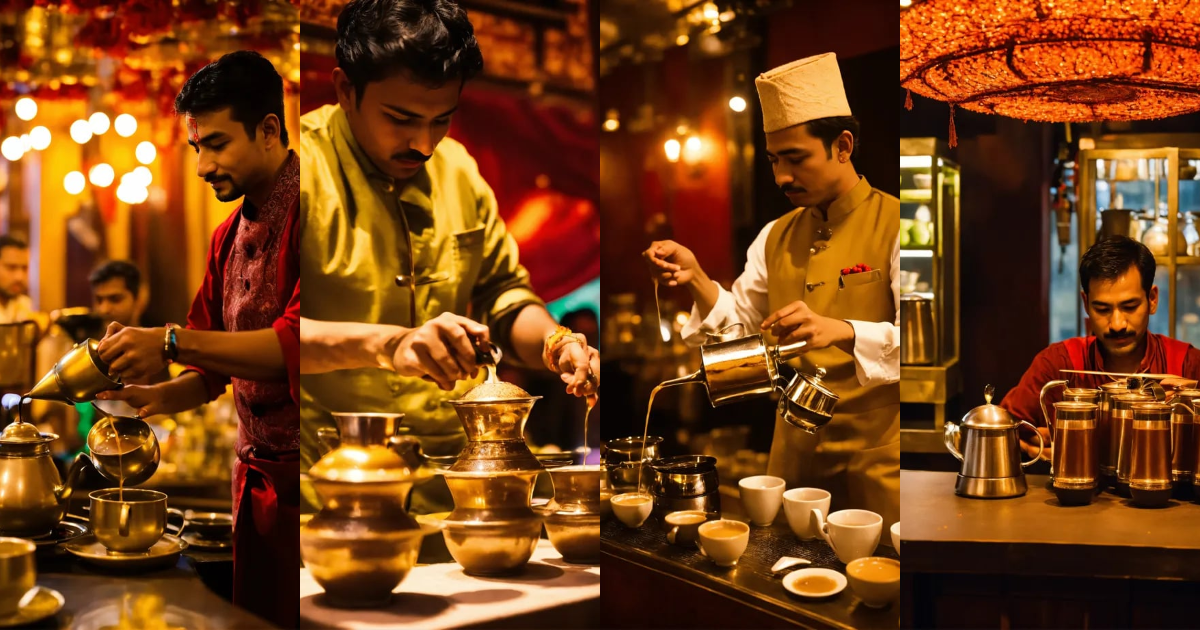 Lexica - Chai master pouring Chai tea from one cup to another cup that ...