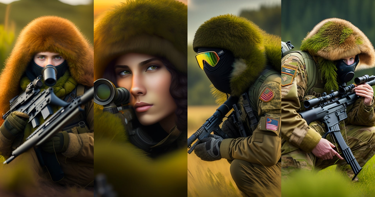 Lexica - A sniper hold gun with ghillie suit, a field, crawl