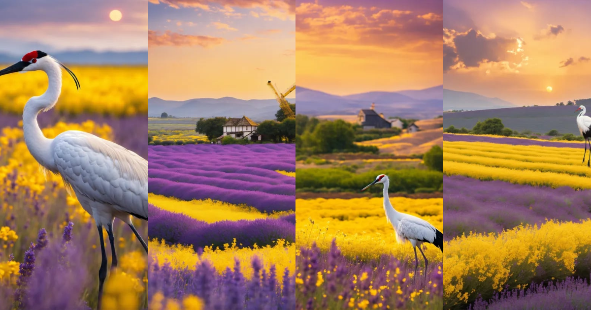 Lexica - A white noble crane in the center of vast yellow lavender field