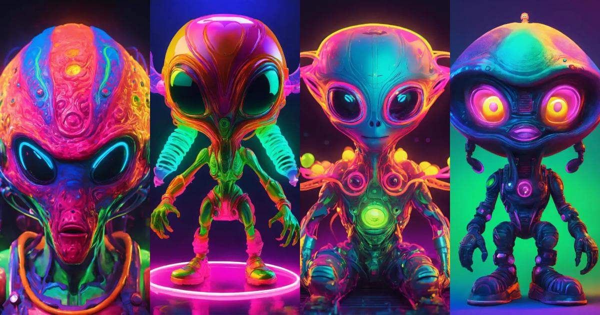 Lexica - Crazy fluroszing alien cartoon figure, in neon colors, future art