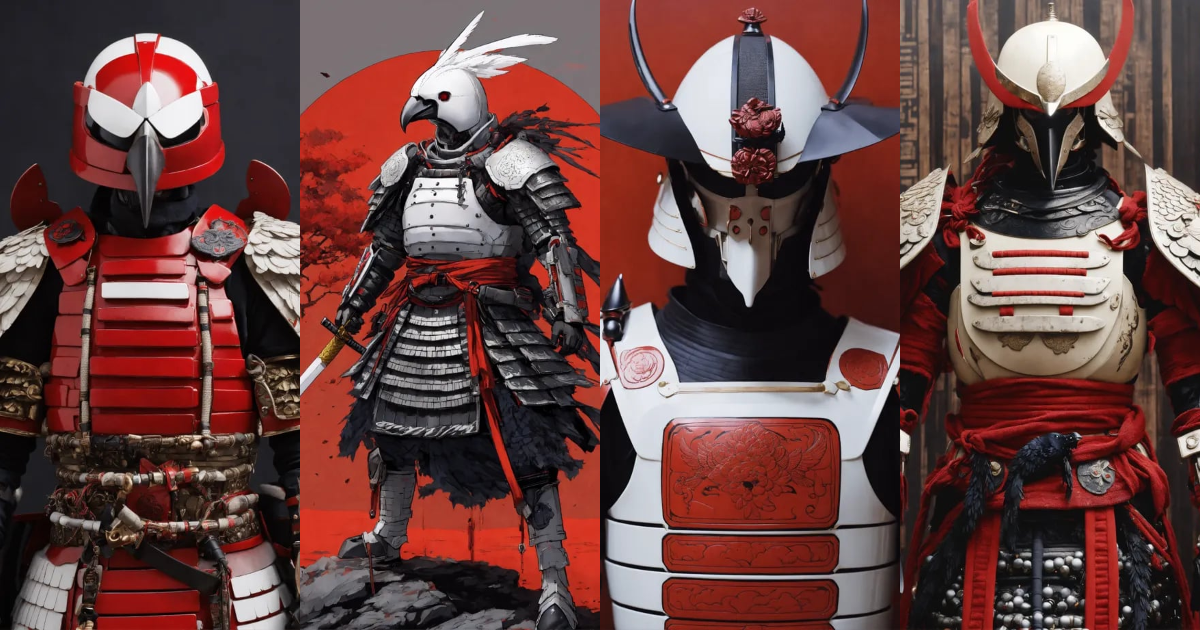 Lexica - Raven humanoid, samurai armor, white, black, red, Katsuhiro ...