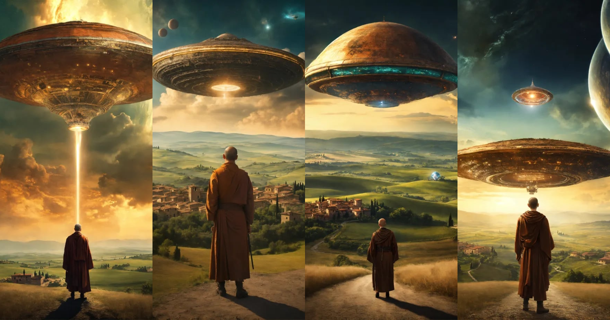 Lexica - Tuscany, alien spaceship above the sky, earth as a post ...