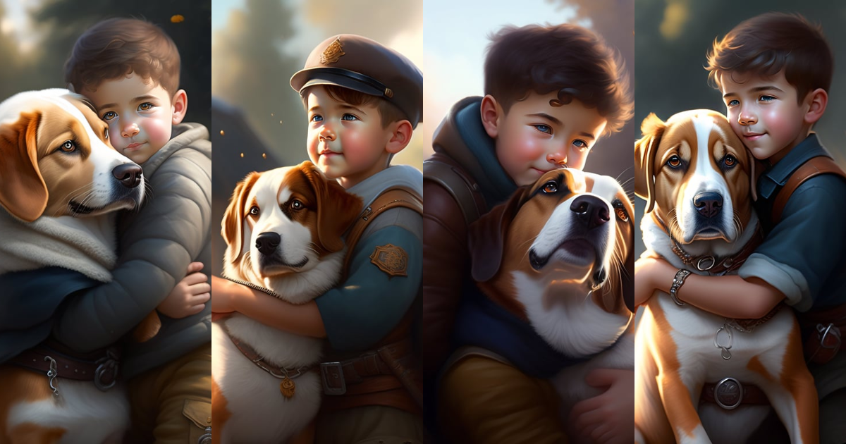 Lexica - A detailed portrait of a cute boy hugging a dog illustrator ...