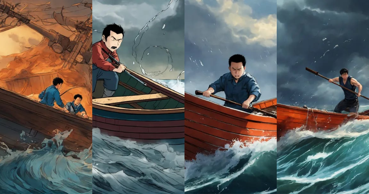 Lexica - Draw me a picture in the form of a comic book of a broken boat ...