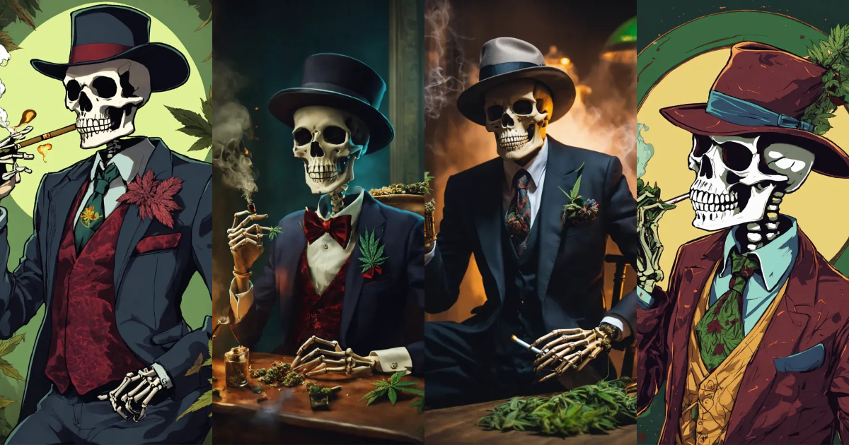 Lexica - A skeleton dressed like a mobster smoking weed