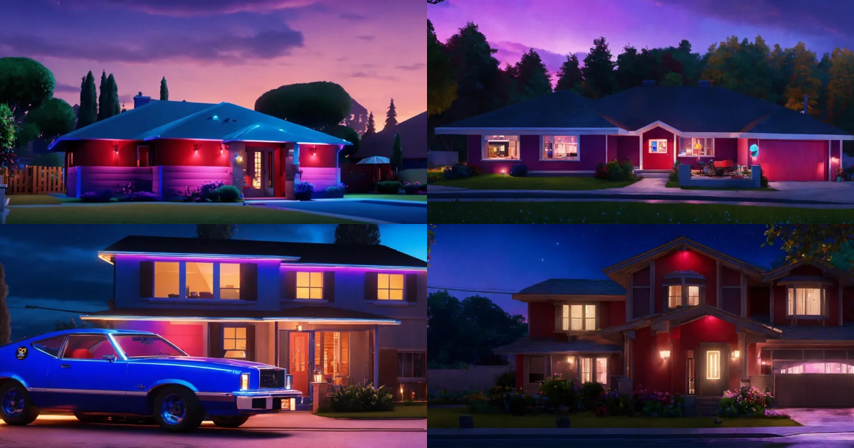 Lexica - CGI! Pixar 80's style modern home exterior. house party. red ...