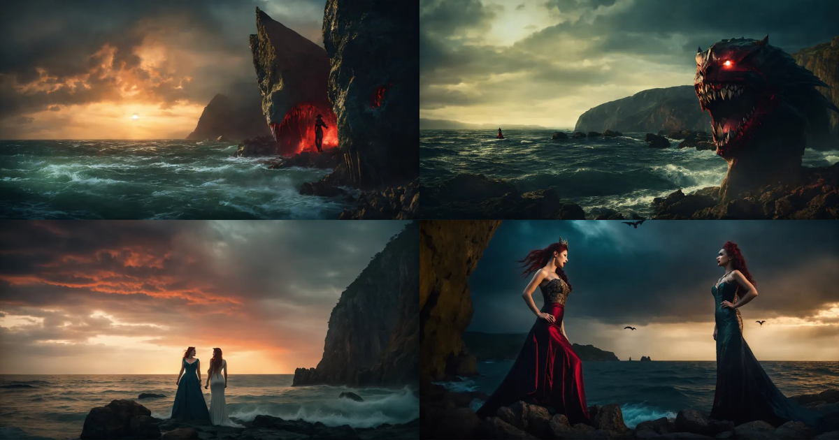 Lexica - Create a 4k detailed photo of two evil sirens staring at each other. dramatic lighting ...