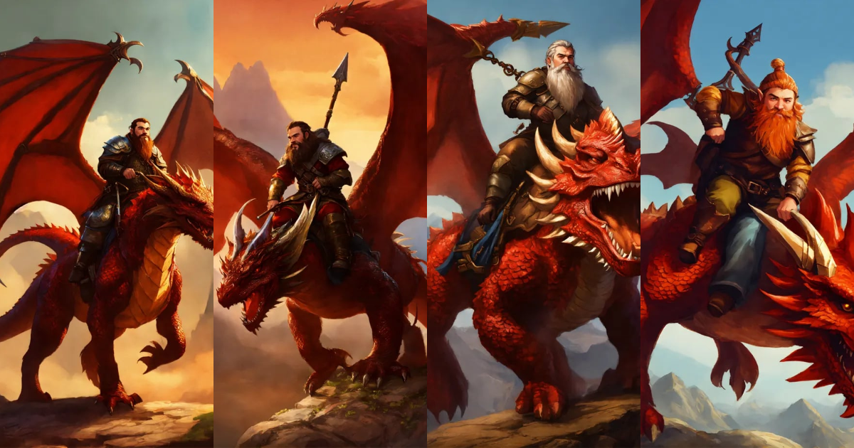 Lexica - A dwarf riding a red dragon concept art