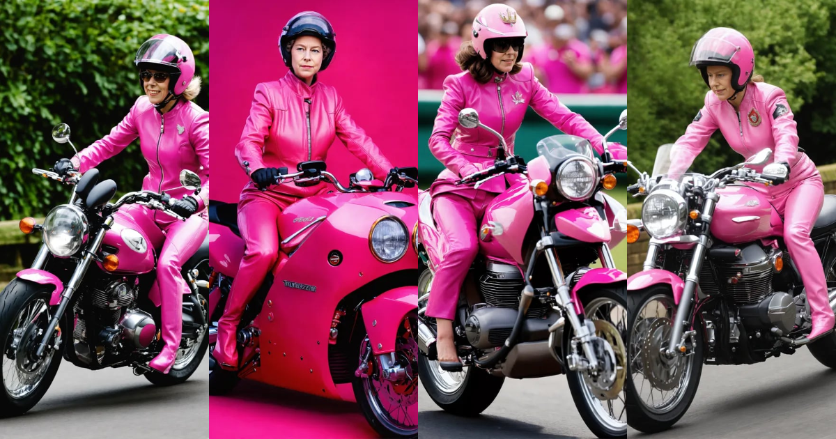 Lexica - Queen Elisabeth riding a sport motorcycle, wearing a pink ...
