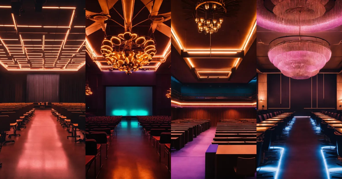 Lexica - Dark dim futuristic lecture hall lit only with some neon ...