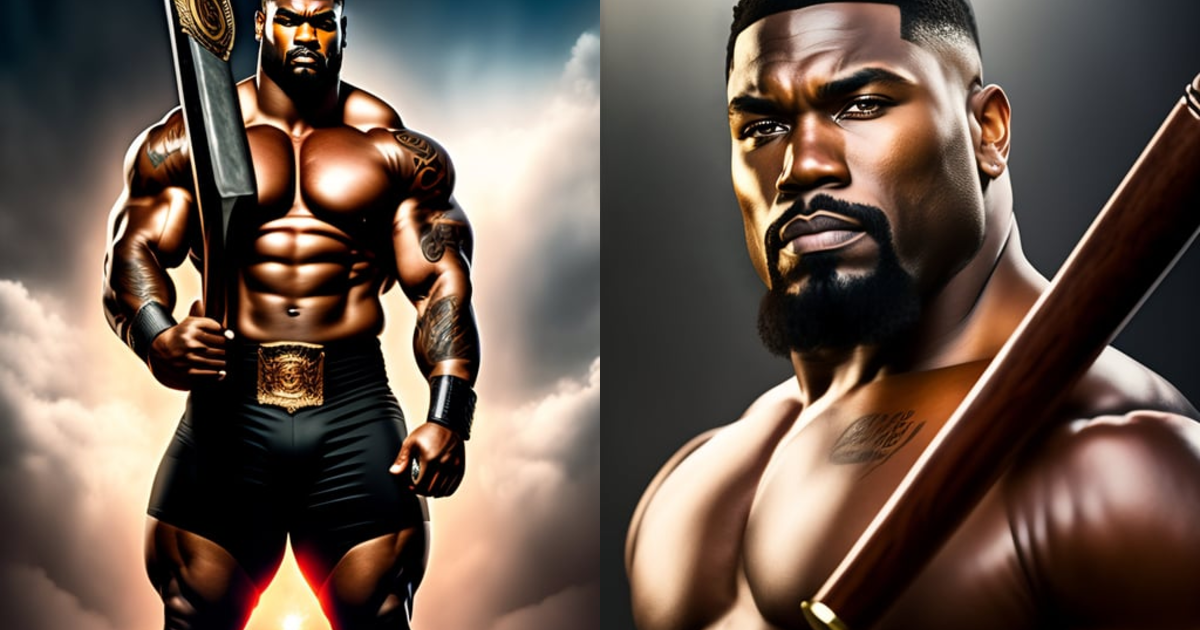 Lexica - Brute champion, savage, human, full size portrait, holding a huge hammer