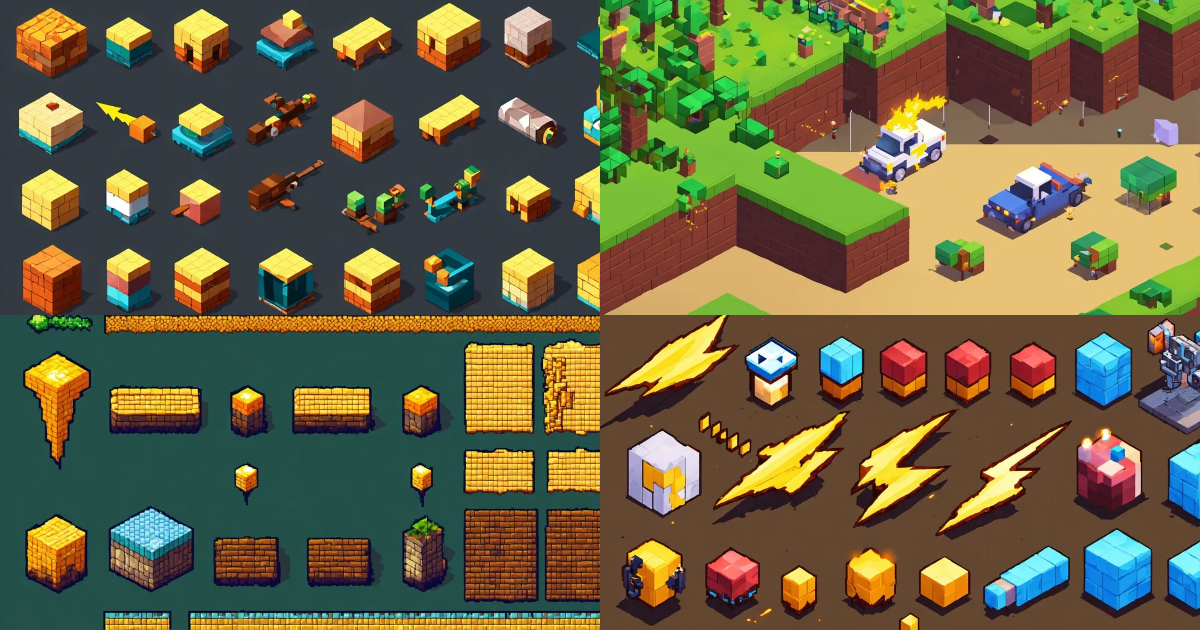 Lexica - Simple clean pixel perfect 2d isometric sprites of a lightningbolt
