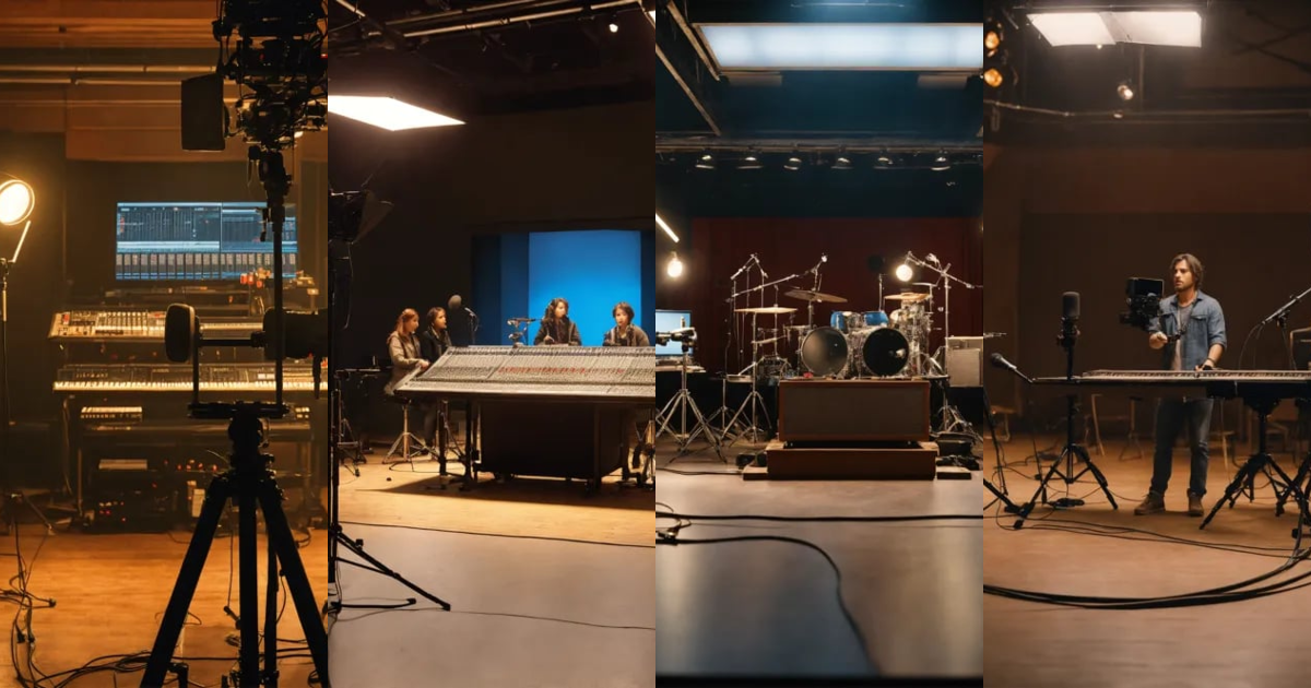Lexica - Studio. A film set with actors recording a music video. In the ...