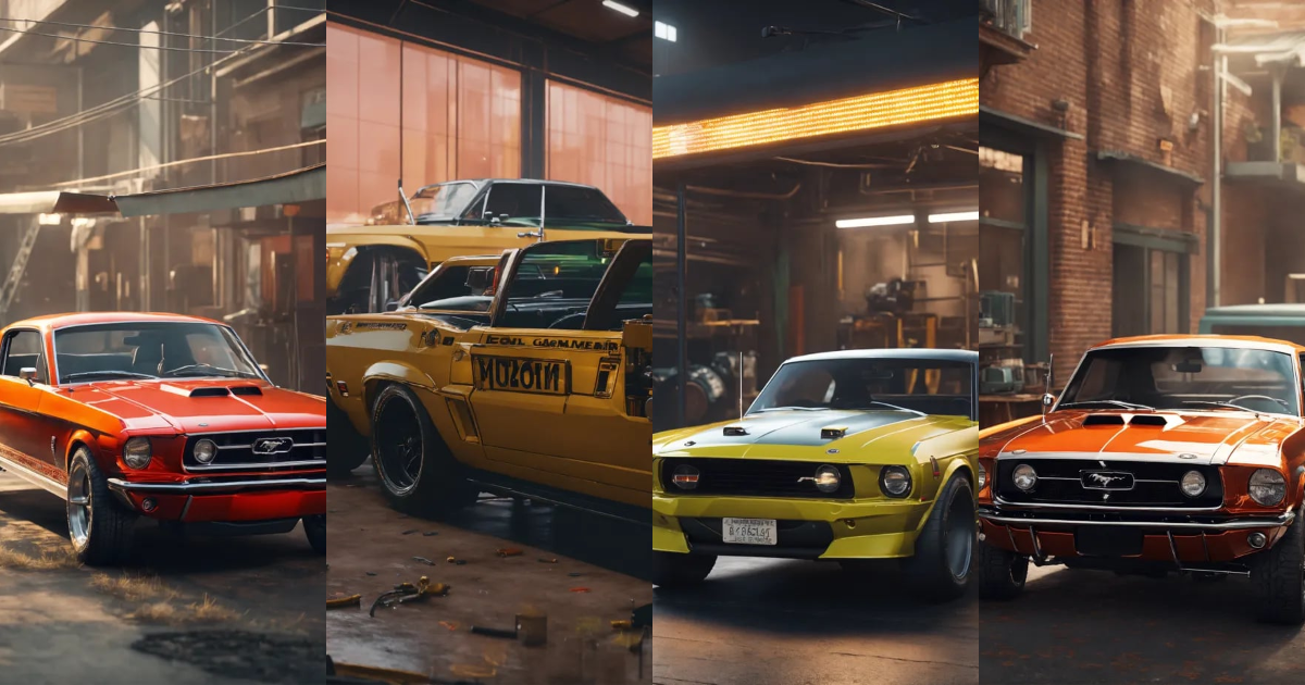 Lexica - Mechanized garrage, ford mustang, hummer, neorealist art room ...