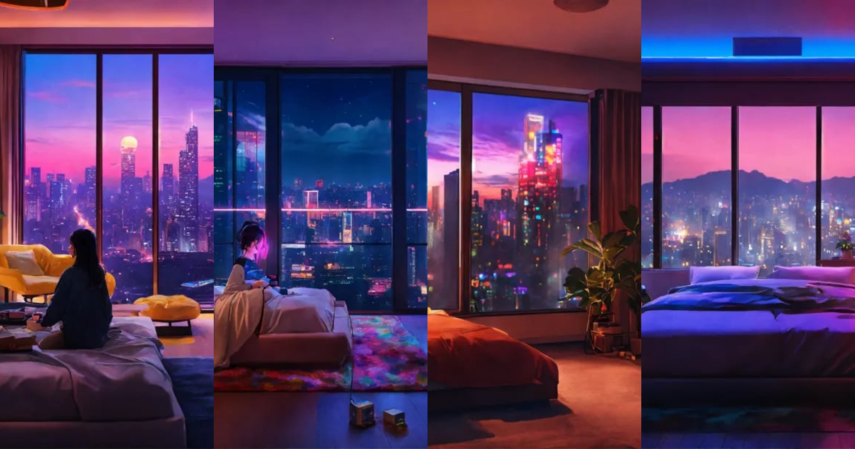 Lexica - A beauty is playing games on PS5 in her bed room。 Neon lights ...