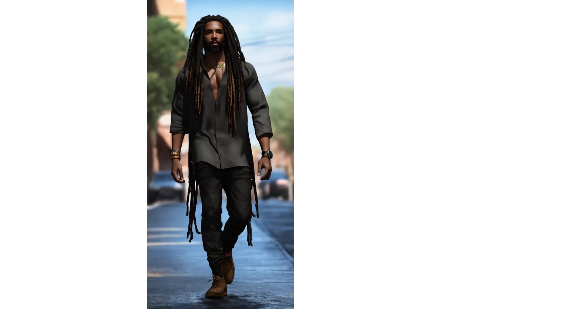 Lexica - 3d render of a Black African man with long flowing dreadlocks, 6'5" tall, well-built ...