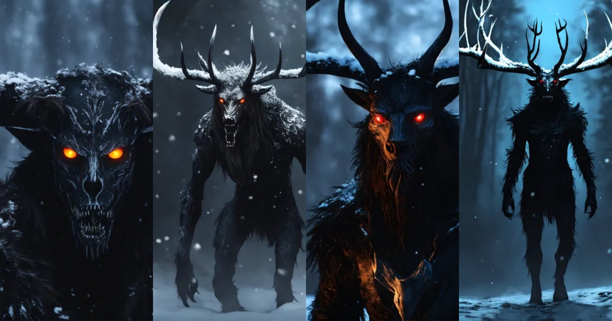 Lexica - Wendigo in complete darkness, eyes glow and snow is falling on ...