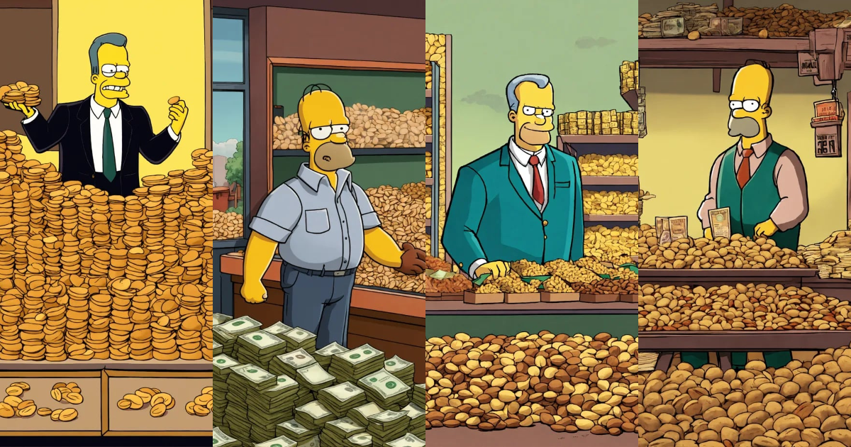 Lexica - A man stands at a table and sells nuts. There are huge stacks ...