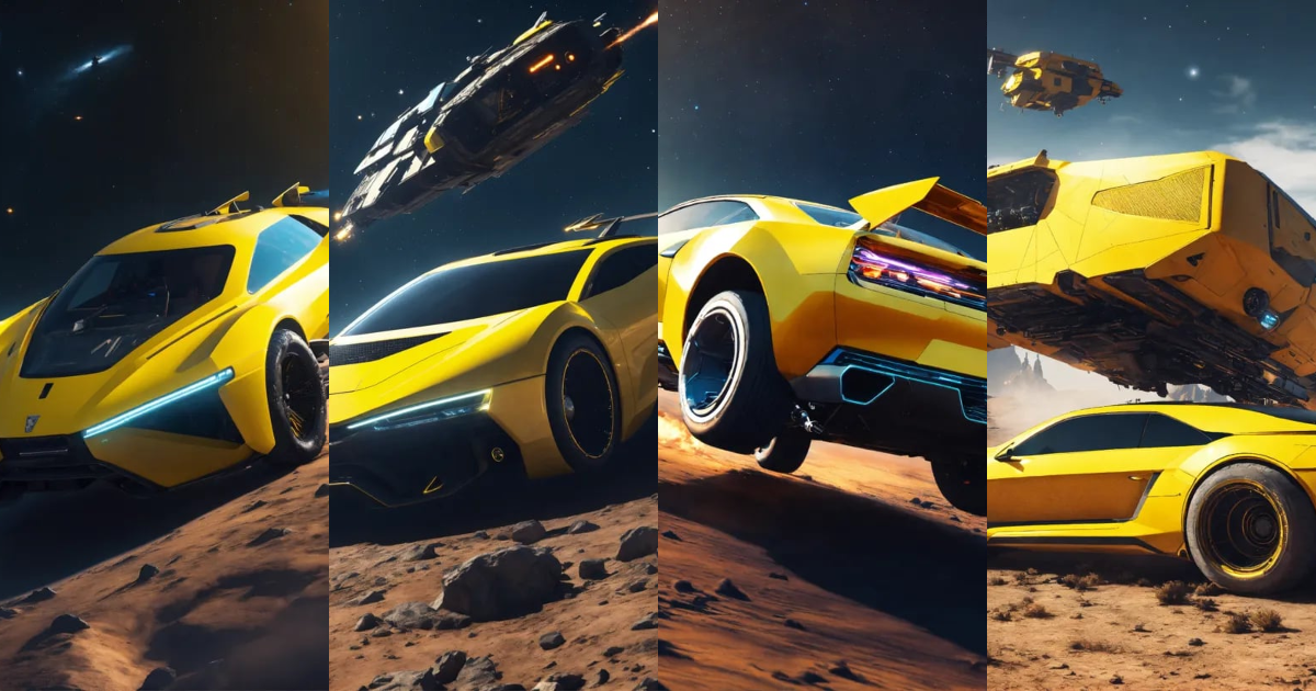 Lexica - Sleek flying yellow beat up futuristic clunker car shooting ...