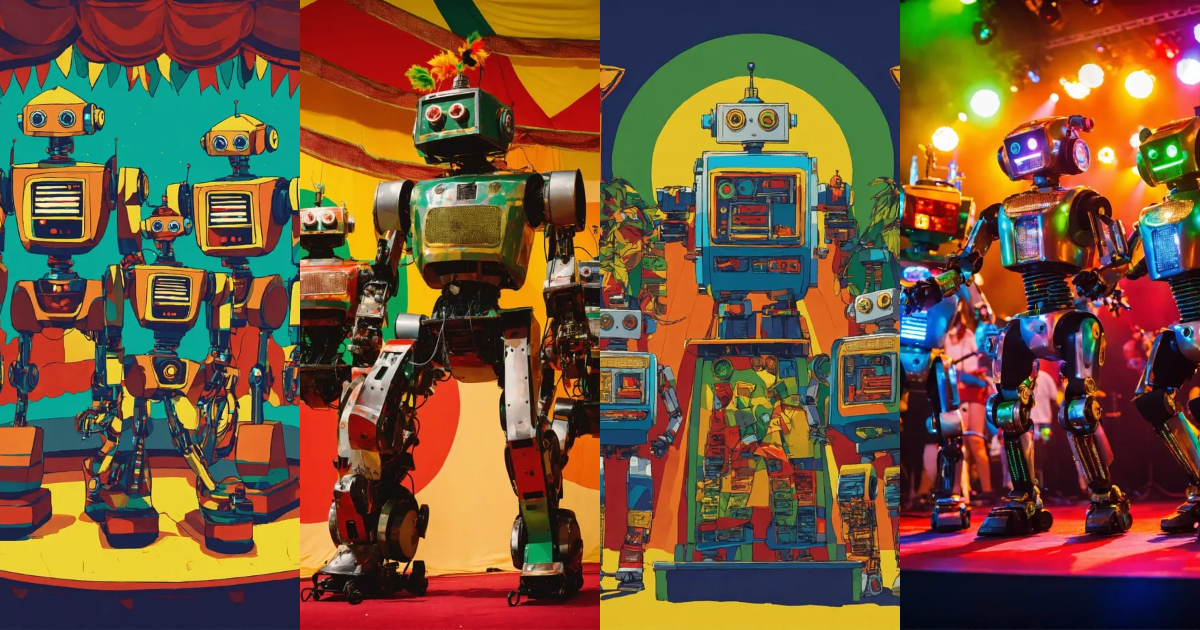 Lexica - A group portrait of 3 robots on stage dancing at a reggae festival