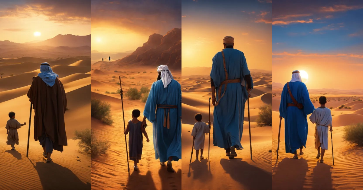 Lexica - View from the back of prophet Moses walking with young boy in ...