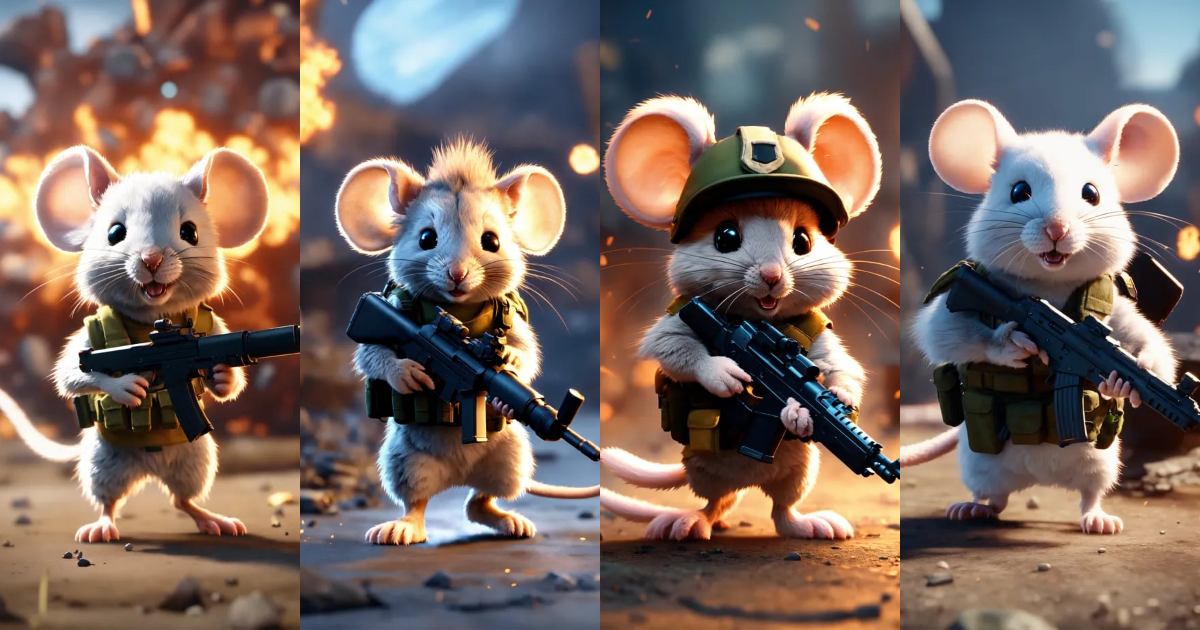 Lexica - A cute fluffy army mouse with a gun walking away from a blast ...