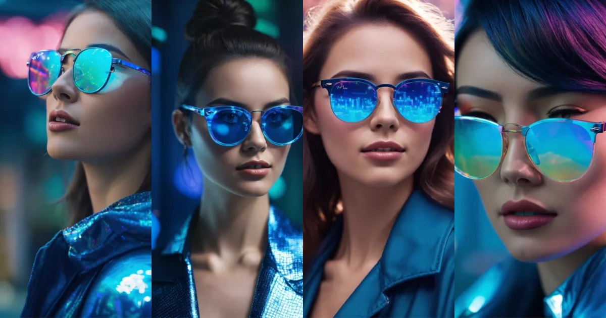 Lexica - Text woman wearing smart rayban glasses, holographic display ...