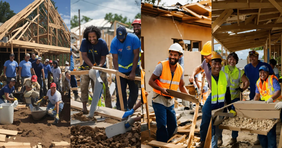 Lexica - A photo of a group of people working together to help rebuild ...