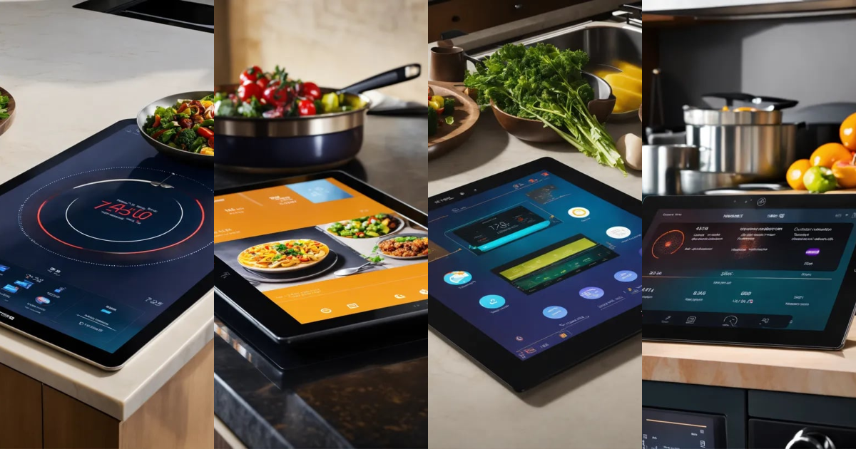 Lexica - Close-up view of a 7-inch tablet embedded in a kitchen island ...