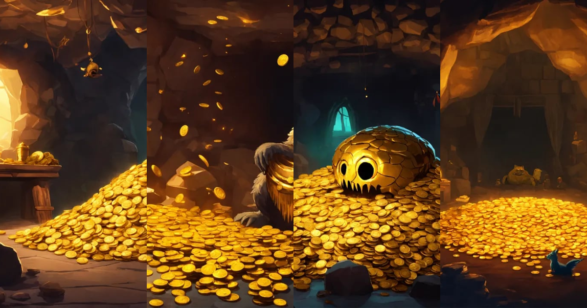 Lexica - Dark cave room full of golden coin piled up, sleeping monster ...