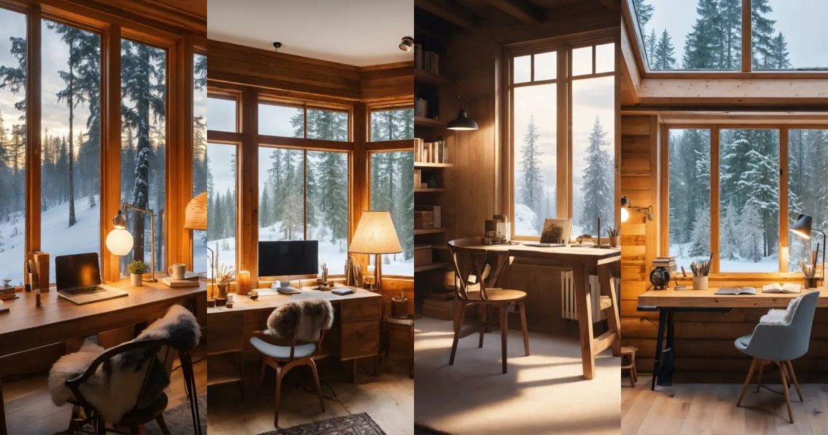 Lexica - Nordic forrest house, wooden study room, window centered in ...