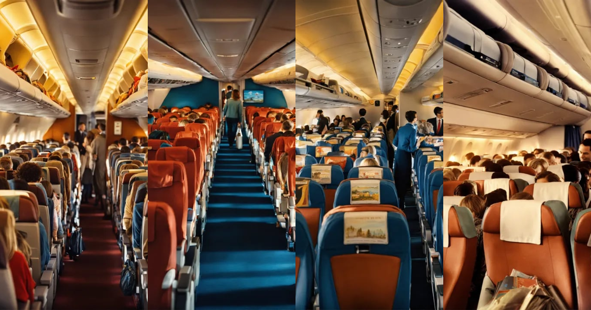 Lexica - Happy airline passengers fill rows of seats in an interior ...