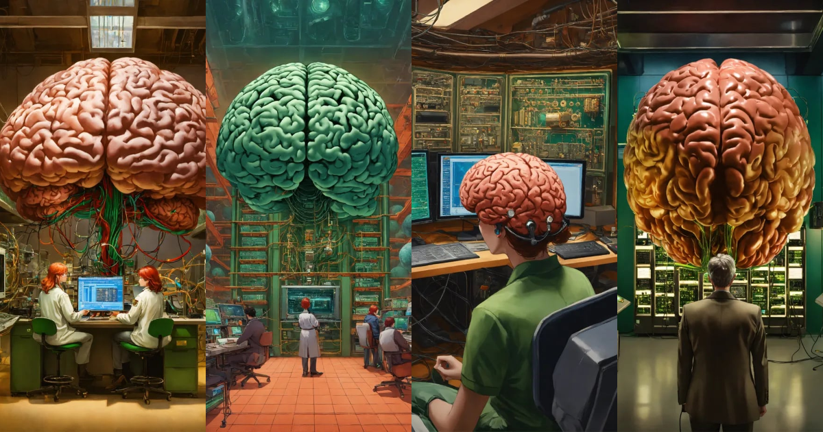 Lexica - In the center of the room, a colossal human brain is ...