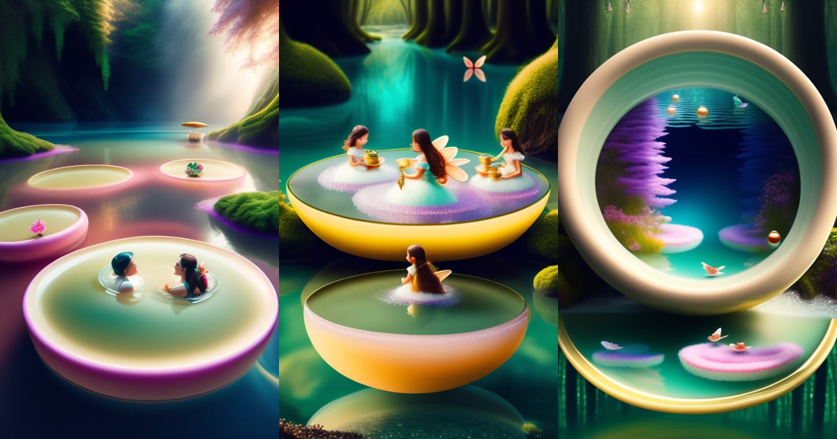 Lexica - Fairies bathing in teacups that are floating down a bubbling ...